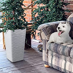 Worth Garden 2-Pack Tall Tapered Planter - Plastic White Square Plant Pots - 22" Tall Large Tree Planter - Modern Matte Wavy Flower Pot for Indoor Outdoor Porch Deck