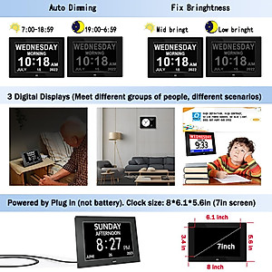 FEYBYLA Alarm Clock with Day and Date for Elderly 7inch Digital Calendar Clock Photo Frame- Auto Dimmable Display 15 Alarm Options, Clock with Non-Abbreviated Day & Month