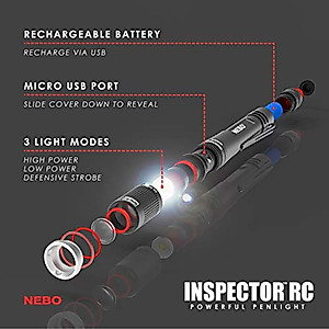 NEBO Rechargeable Pen Light Flashlight 360-Lumens Inspector Flashlights Features Flex Power, Meaning it can be Operated by The Included Rechargeable Battery or by 2X AAA Batteries
