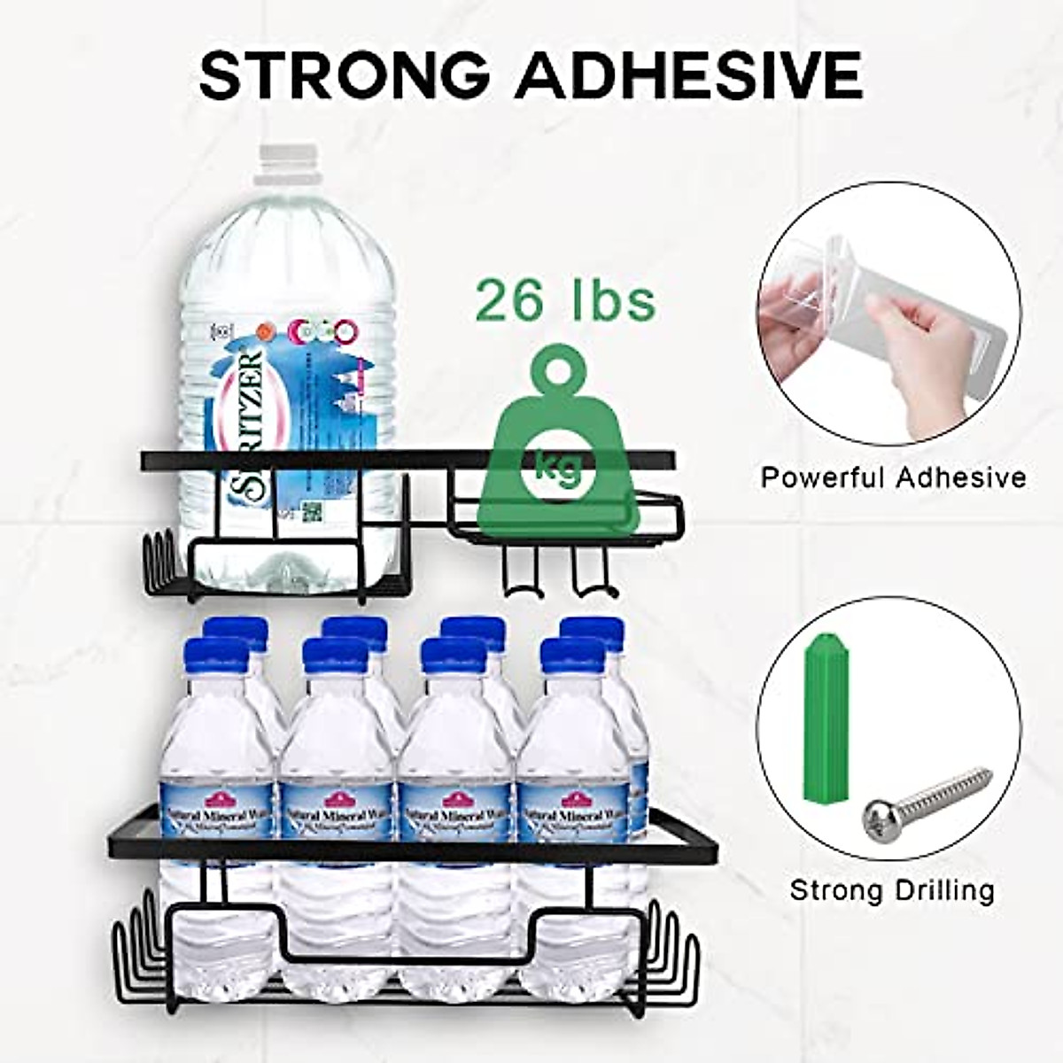 Shower Caddy 2 Pack with Soap Holder, Adhesive Shower Caddy Shelf with 11 Hooks, Wall Mounted Bathroom Shower 0rganizer Stainless Steel No Drilling Black Shower Rack Basket for Inside Shower, Kitchen