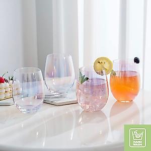 MyGift 18 oz Modern Iridescent Transparent Stemless Wine Glasses, Rainbow Colored Luster Clear Cocktail Beverage Drinking Glass Cups, Set of 4