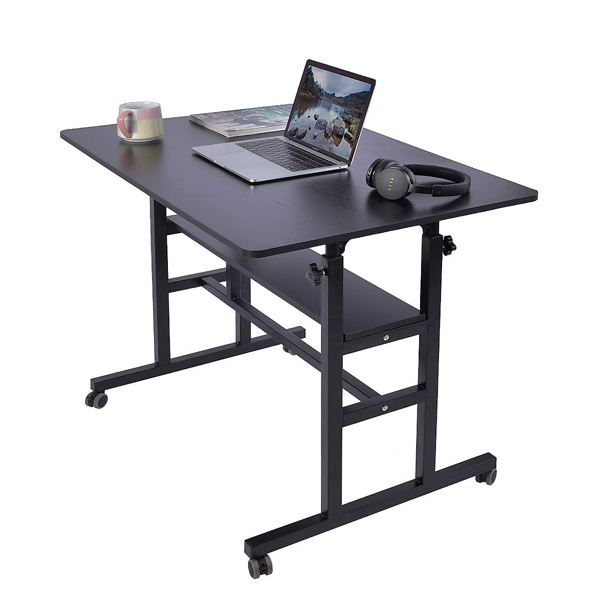 AIZ Mobile Standing Desk, Adjustable Computer Desk Rolling Laptop Cart on Wheels Home Office Computer Workstation, Portable Laptop Stand Tall Table for Standing or Sitting, Black 31.5" x 19.7"