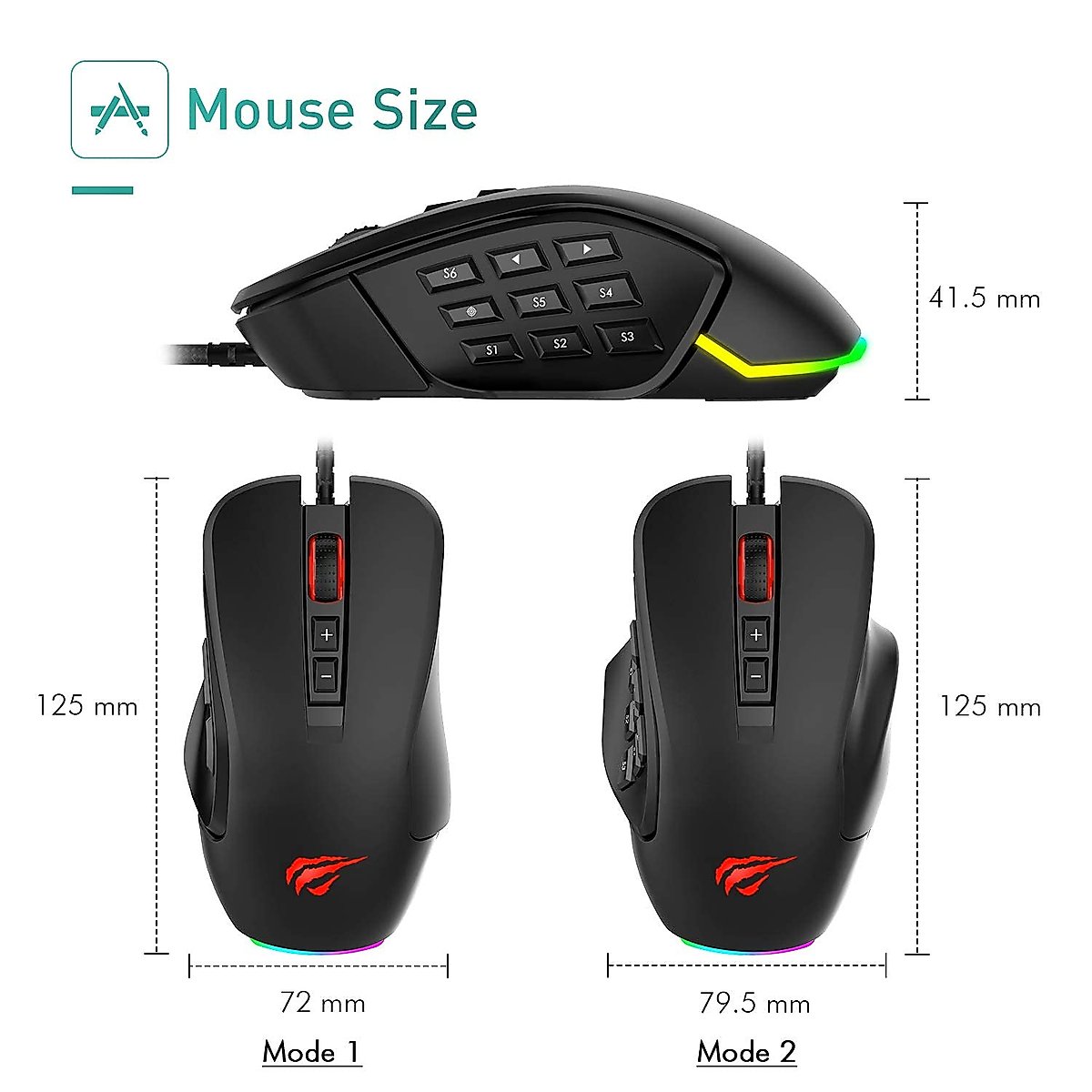 Havit Gaming Mouse Computer Ergonomic Wired Mice with 14 Programmable Buttons Interchangeable Side Plates (8 Buttons/ 8+6 Side Buttons), 2 Replaceable Right Plates for Laptop PC Gamer (Renewed)