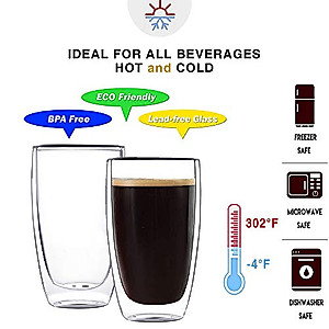 CNGLASS Double Wall Thermo Glass Cup 13.5 oz,Insulated Glass Coffee Set of 2