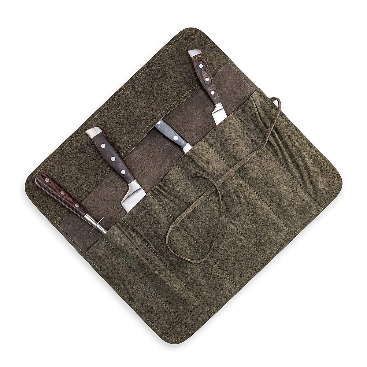 Angus Stoke Knife Bag for Chefs–knife Roll Bag leather 7 slots – Leather Knife Case Noah (green-olive)