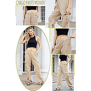 QYANGG High Waist Cargo Pants Women Stretch Baggy Cargo Pants Women Multiple Pockets Relaxed Fit Straight Wide Leg Y2K Pants Khaki