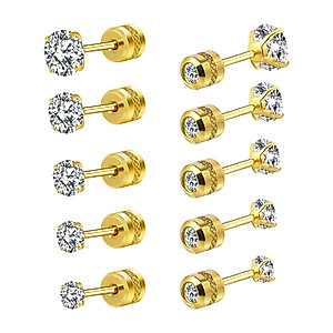 5 Pairs Titanium Screw Back Stud Earrings Set for Sensitive Ears, Hypoallergenic Surgical Stainless Steel Double Sided Round Cubic Zirconia Earrings for Women Men (5pcs gold stud set)