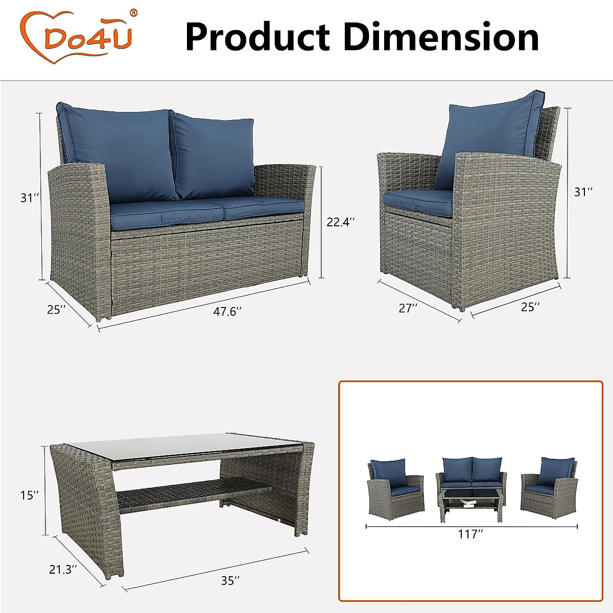 Do4U 4 Pieces Patio Furniture Sets Outdoor Sectional Wicker Set Outdoor Conversation Set Patio Set Patio Loveseats with Coffee Table Porch, Poolside, and Yard (Grey-Blue)