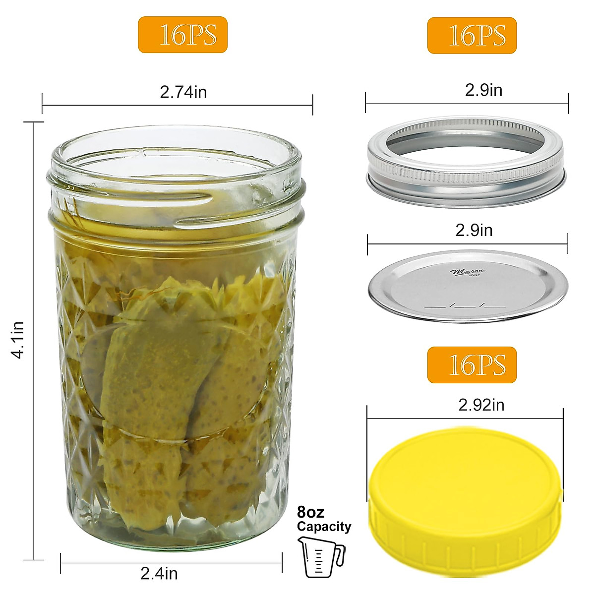 COMUDOT 16 Pack Mason Jars,8 oz Canning Jars Glass Jars With Lids,Small Mason Jars Suitable for Jelly,Jam,Honey,Wedding Favors, Shower Favors