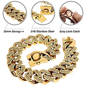 Dog Chain Diamond Cuban Collar, 32MM Heavy Duty Chew Proof Walking Chain Collar with Safe Buckle Design, Luxurious Necklace for Medium Large Dogs