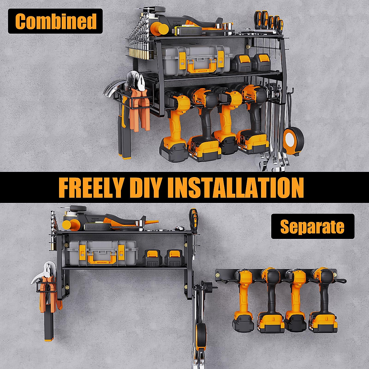 Kayfia Power Tool Organizer Wall Mounted 3 Layer Garage Organization Floating Cordless Drill Holder Heavy Duty Tool Organizers and Storage with Screwdriver/Plier/Hammer/Bit Holder Father's Day Gifts