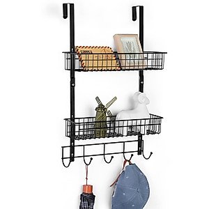 NEX Over The Door Hooks Organizer Hanger, Coat Hooks Towel Rack with 2 Mesh Basket 5 Hooks Hanging Storage Spice Rack Rustproof for Bathroom Bedroom Kitchen Back of Door Storage Shelves, Black