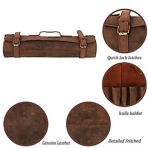 Chef's Knife Roll Case Heavy Duty Holds 12 Knifes Kitchen Storage Cutlery Carrier Zipper For Culinary Tools Easily Carried By Shoulder Straps For Professional Chef's Great Gift (Buff Leather)