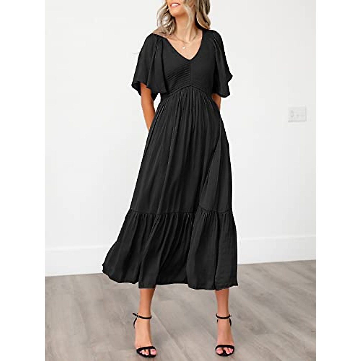 LILLUSORY Black Maxi Dresses for Women Summer Long Trendy Casual Flowy Funeral Short Flutter Sleeve Dress with Pockets