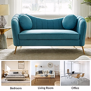 HULALA HOME Velvet Loveseat Sofa with 2 Pillows, Mid-Century Modern 2-Seat Sofa with Golden Legs for Bedroom, Comfy Upholstered Love Seat Couch, Teal