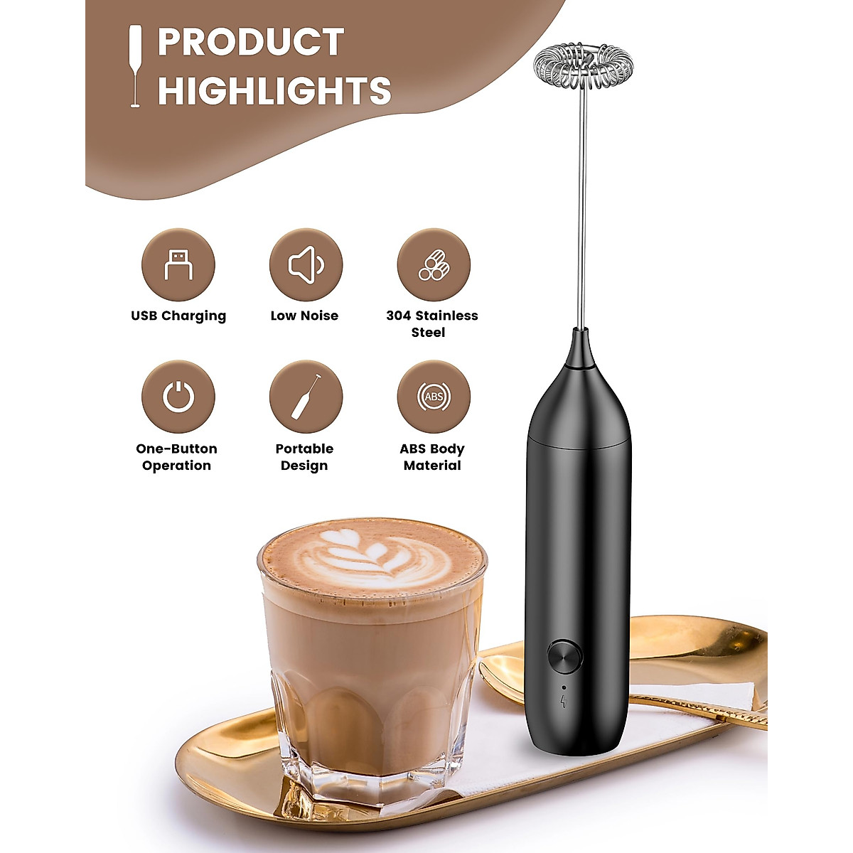 Homradise Milk Frother Rechargeable, Electric Milk Frother Handheld USB-C Powerful Coffee Frother Milk Foam Maker for Coffee Latte, Cappuccino, Mocha, Macchiato, Frappe and Protein Powder -Black