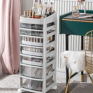 HamRoRung Makeup Storage Organizer with Drawers, Put 35 Lipstick, 18 Eyeshadow and 20 Brushes, Makeup Storage Cabinet, Floor Makeup Organizer with Wheels for Bedroom, Bathroom, Near the Vanity