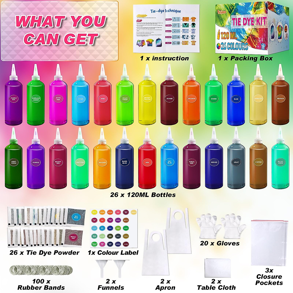 PATIFEED Tie Dye Kit - Tie Dye Kits for Kids with 4Oz Bottles 26 Vibrant Colours, Permanent Non-Toxic Tye Dye Kit for Large Groups, Tie Dye Party Supplies(Dye up to 45 Project)