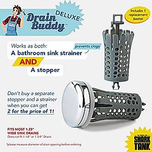 Drain Buddy Deluxe: Bathroom Sink Stopper Strainer with Hair Catcher - No Installation Clog Prevention, Fits 1.25” Sink Drains - Chrome Plated Cap with 1 Replacement Basket – Seen On Shark Tank