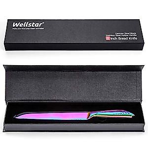 WELLSTAR Bread Knife 8 Inch, Serrated Bread Cutter, Ultra Sharp German Stainless Steel Blade and Comfortable Handle with Rainbow Titanium Coated for Slicing Breads Loaves Bagel Cake and Large Fruit
