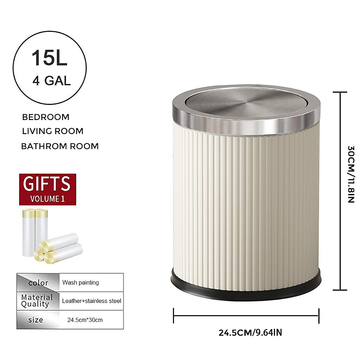 YOJIA 15L/4Gal Creative Leather Shake Lid Garbage Can,Swing Lid Trash Can Sliver,White Waste Basket for Bathroom, Living Room,Bedroom,Office,Hotel,Rest Room,Dorm,RV(15L Elegant White)