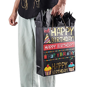 Jaywayang 12.6" Large Happy Birthday Gift Bag with Card and Tissue Paper (Black)