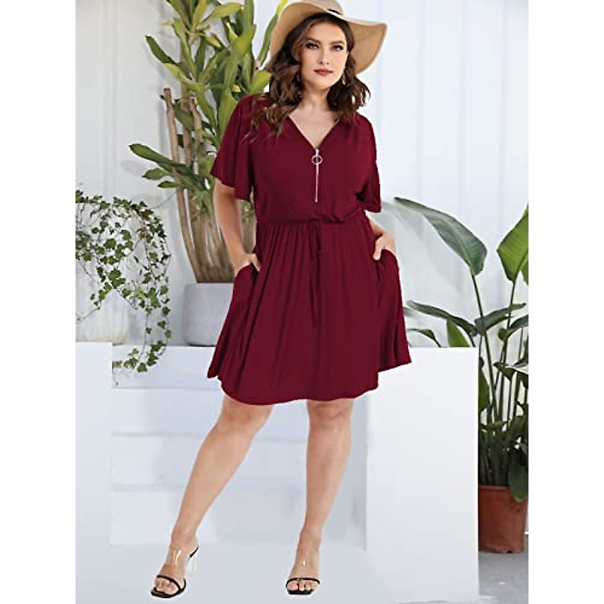 vepeabak Womens Plus Size Dress Zipper V Neck Solid Flutter Short Sleeve Tie Waist Mini Dress with Pockets(Wine Red,3XL)