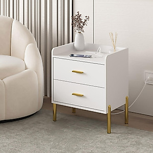 White Nightstand Set of 2,Mid Century Modern End Table with Charging Station,Farmhouse Storage Night Stand Bedside with 2 Drawer