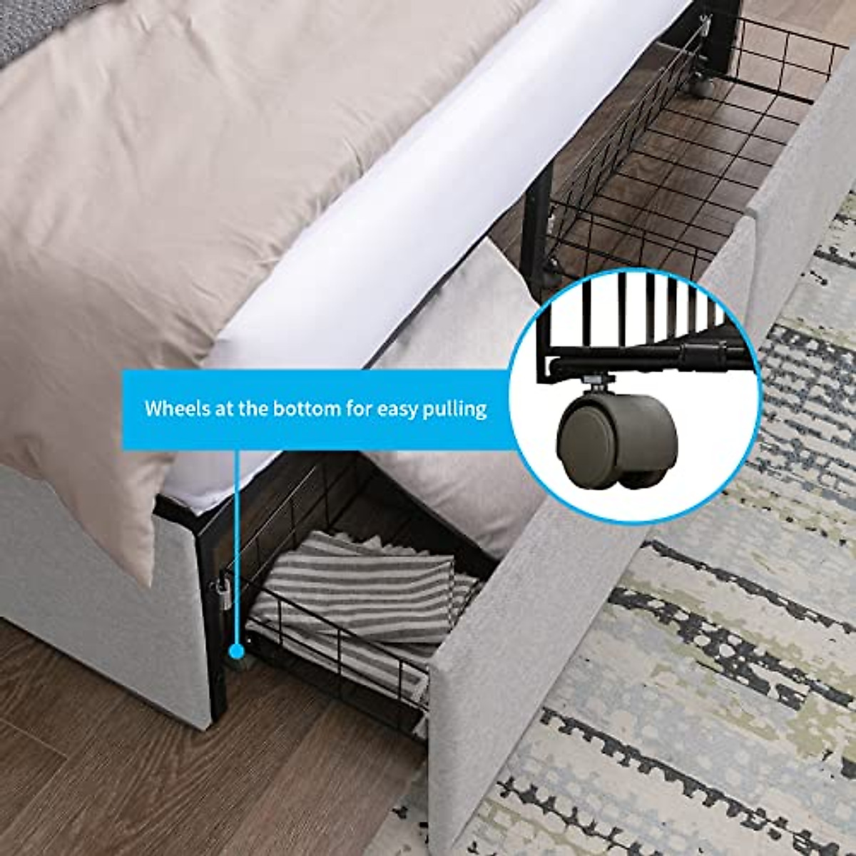 Mjkone California King Size Bed Frame with 4 Storage Drawers,Upholstered Platform Metal Bed with Premium Linen Fabric,Cal King Bed Base Frame with Metal Support,Easy Assembly/Space Saving-Light Grey