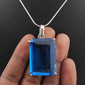 GEMHUB 120 Carat Blue Topaz Gemstone Pendant Without Chain, 925 Sterling Silver Emerald Shape Topaz Pendant Without Chain