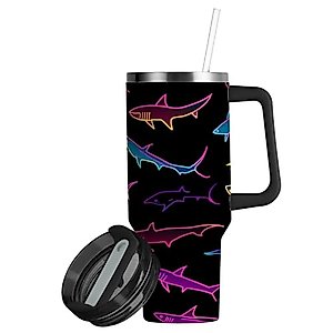 Flradish 30oz Tumbler with Handle, Colourful Sharks Stainless Steel Tumbler with Lid and Straws Double Wall Vacuum Insulated Leakproof Coffee Travel Mug