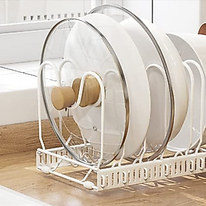 Rerii Pan Organizer Rack for Cabinet, Expandable Pots and Pans Organizer Rack, Cutting Board Pot Lid Holder Dish Drying Racks with 10 Adjustable Dividers for Kitchen Counter