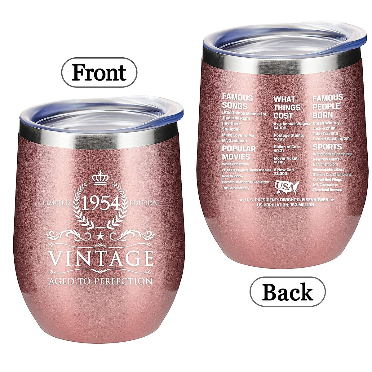 70th Birthday Gifts for Women and Men - 1954 70th Birthday Decorations - 12 Oz Insulated Stainless Steel Wine Tumbler with Lid for Her Wife Mom Grandma Aunt Friend, Rose Gold