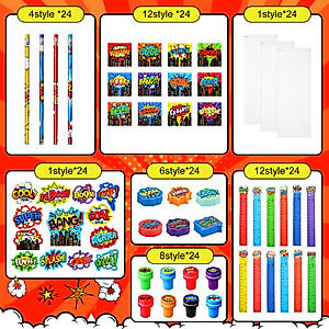 Cholemy 168 Pcs Hero Party Favor Set Include Hero Birthday Mini Notebook Hero Theme Sticker Pencil Stamper Ruler Eraser for Hero Themed Celebration Gifts Classroom Rewards Favor Party Supplies