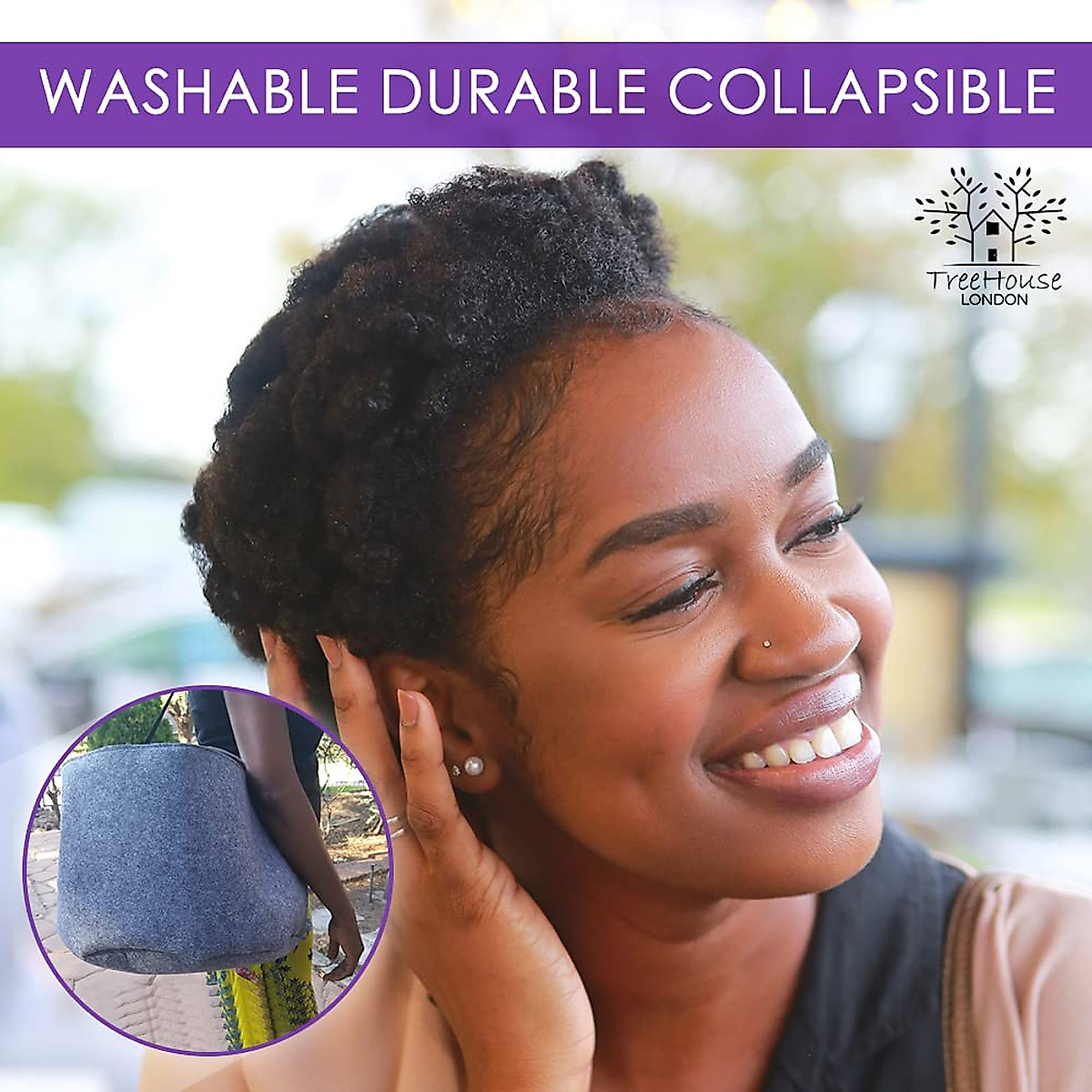 TreeHouse London XL Breathable Felt Wig Storage Travel Case & Yarn Storage Bag, Collapsible Container & Lid, 11" High, Wig Holder Case for Men & Women, Cosmetic Closet Organizer Bag