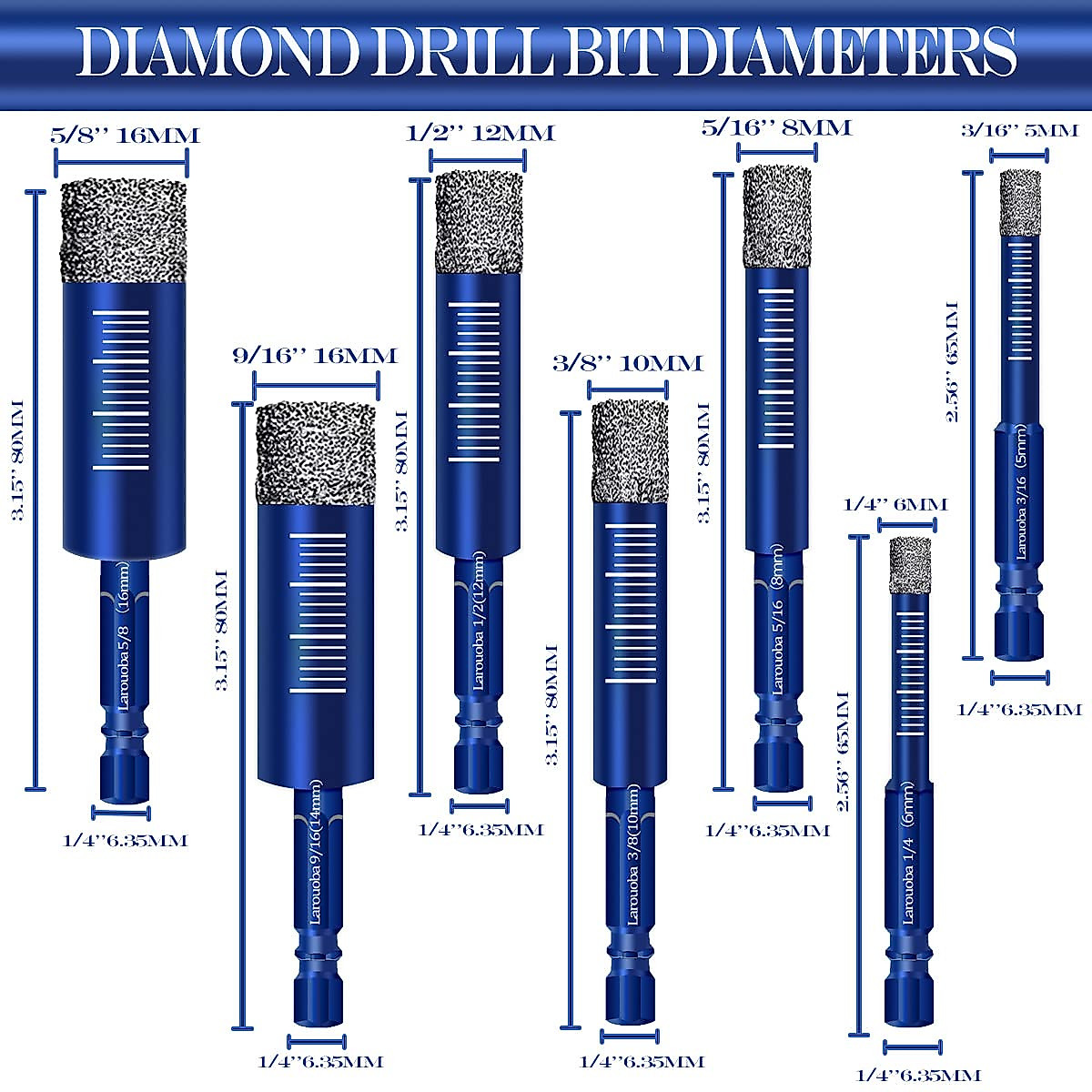 Larouoba 6pcDiamond Drill Bit, Masonry Drill Bits Set for Porcelain Tile Ceramic Stone Granite Marble Hex Shank Diamond Hole Saw Drill Bit with Size 3/16” to 9/16” (Blue)