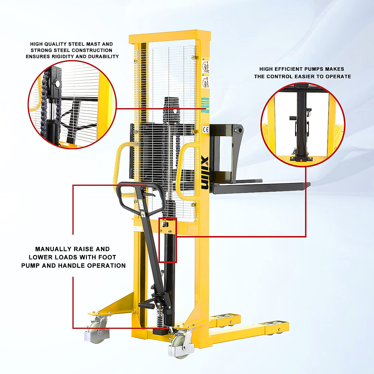 Xilin Manual Pallet Truck Stacker 2200lbs Capacity 63" Hydraulic Lift Height with Adjustable Forks and Fixed Legs Handling Tools