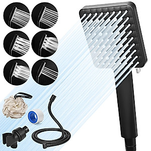 Handheld,Rain Black Square shower head with Hose,High Pressure 6 Spray Settings Rainfall Detachable shower heads Set with 59" Stainless Steel Hose/Bracket/Shower Loofahs/Tape