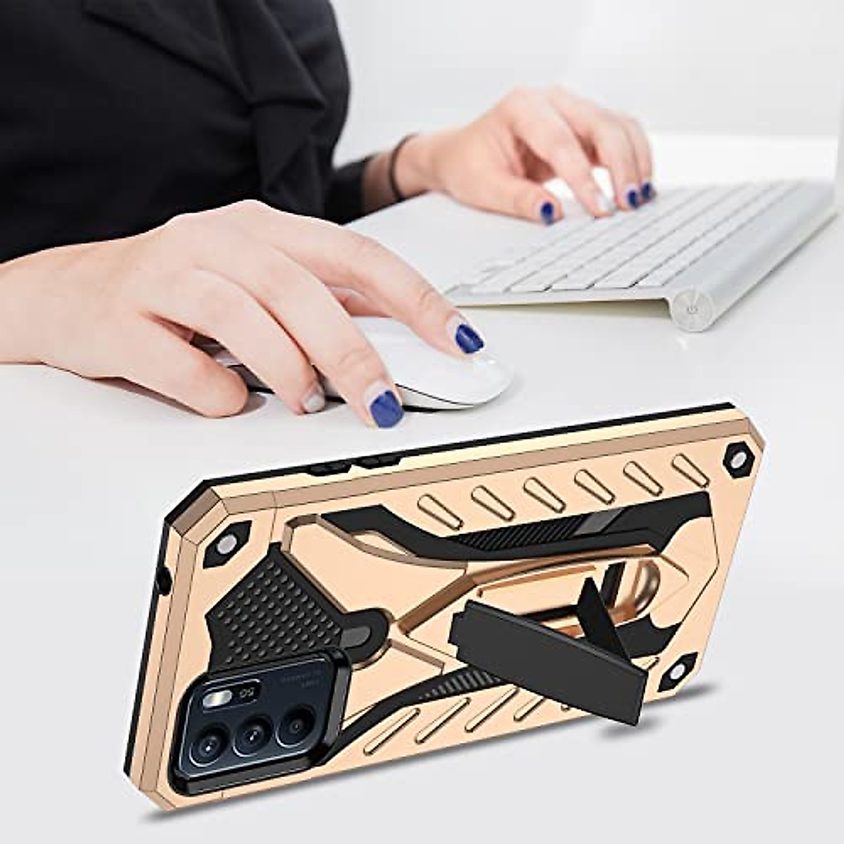 Phone Case Compatible with OPPO Reno 6 Pro(5G),Military Grade Strong Two Layer PU+TPU Hybrid Full Body Case,Bracket Protective Dustproof Shockproof Cover (Color : Earthy Gold)