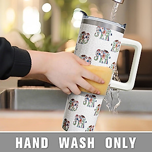 qoepfnsh 40 oz Elephant Tumbler with Handle and Straw, Boho Bohemian Floral Stainless Steel Vacuum Insulated Travel Coffee Mug Cup Water Bottle, Elephant Stuff Accessories Decor Gifts for Women Girls
