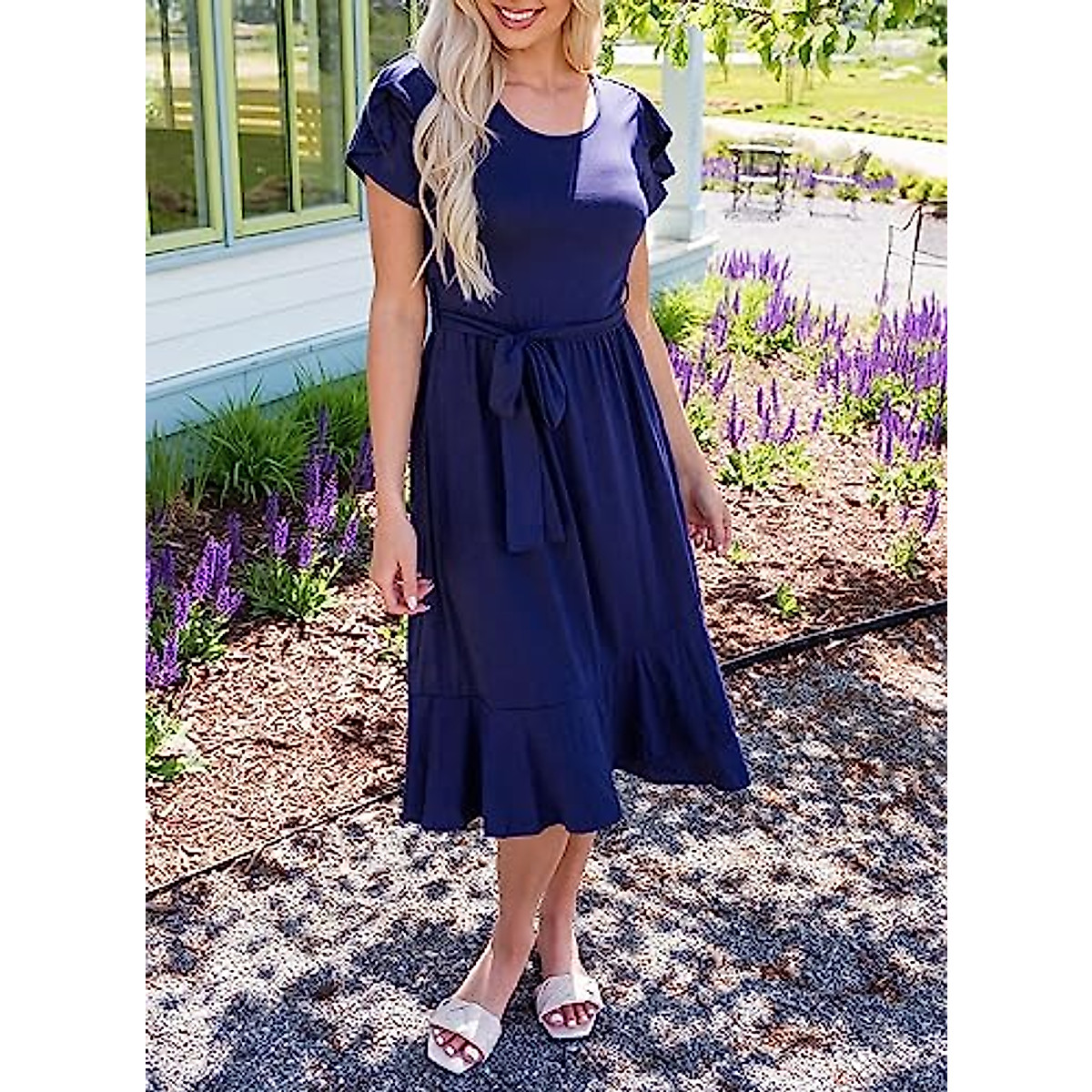 Dokotoo Womens 2023 Summer Spring Dresses Casual Wrap Round Neck Short Puff Sleeve Belt A-Line Ruffle Hem Formal Midi Dress Blue Medium
