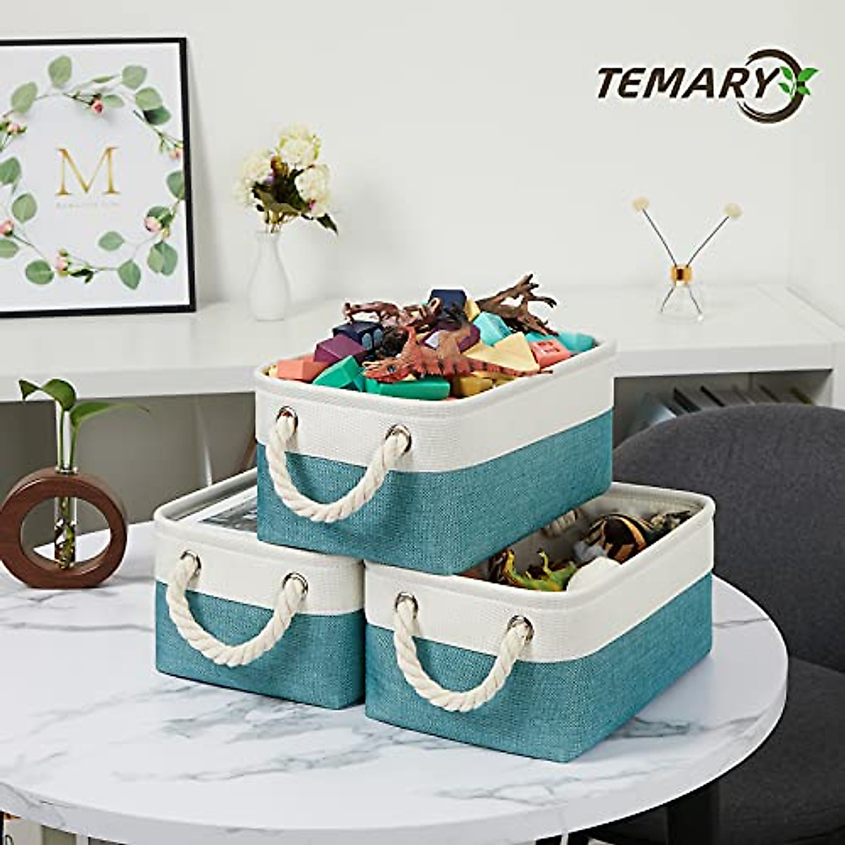 Temary Collapsible Storage Cubes Fabric Storage Baskets Decorative Baskets for Gifts Empty (White&Teal, 6Pack-11.8Lx7.9Wx5.3H ", 2Pack-16Lx12Wx12H ", 4Pack-12Lx12Wx12H ")