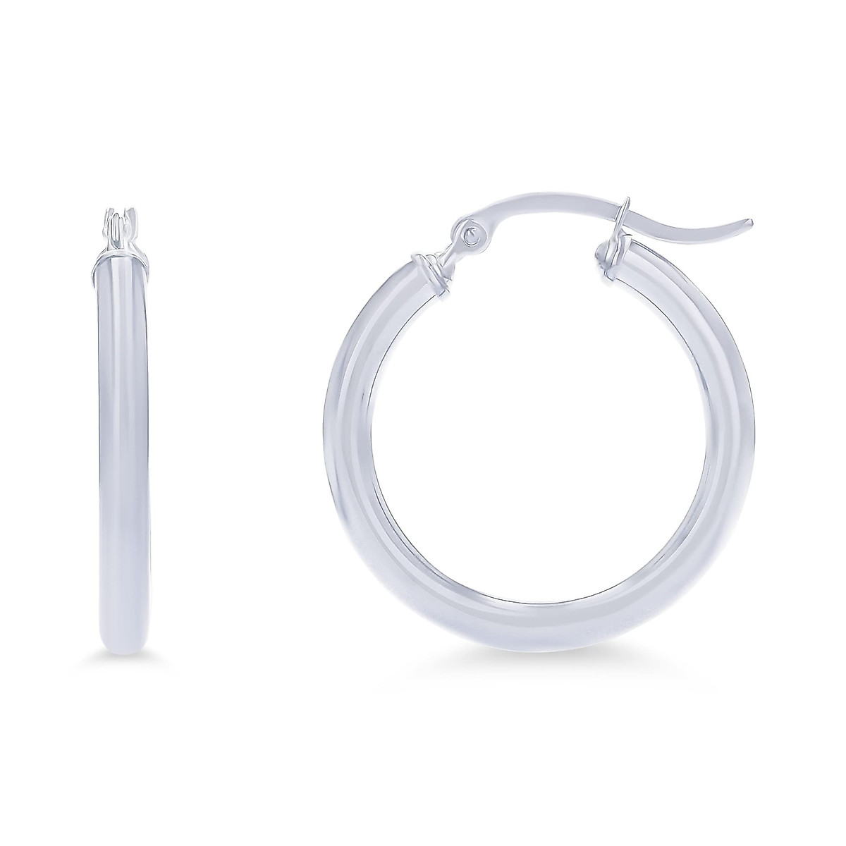 14k White Gold Solid Polished Round Hoop Earrings for Women | 3mm Thick | Classic Style | Round Hoop Earrings | Secure Click-Top | Shiny Polished Earrings, 3x25mm