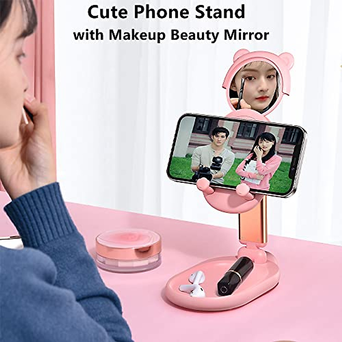 SOARCHICK Cute Bear Foldable Phone Stand for Desk Portable Cell Phone Holder with Makeup Beauty Mirror Adjustable Height Angle Kawaii Office Supplies Pink Desk Accessories for Women Girls Gifts