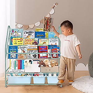 aboxoo Metal Kids Bookshelf Green Freestanding for Children Room 32 in Toy Organizer Large White Stable Bookcase Bookstore Living Room Bed Room Library Book Unit Storage