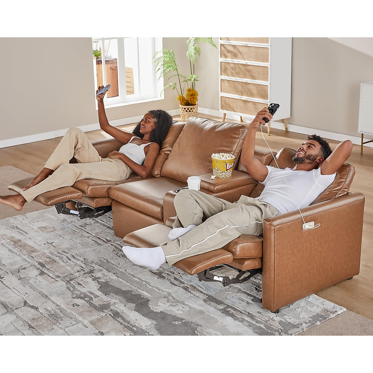 AMERLIFE Reclining Sectional Sofa, Power Recliner with Console& Single Right Recliner, 6 Seats L Shaped Couch with Cup Holder& Charging Port, Leather Modular Couch for Living Room