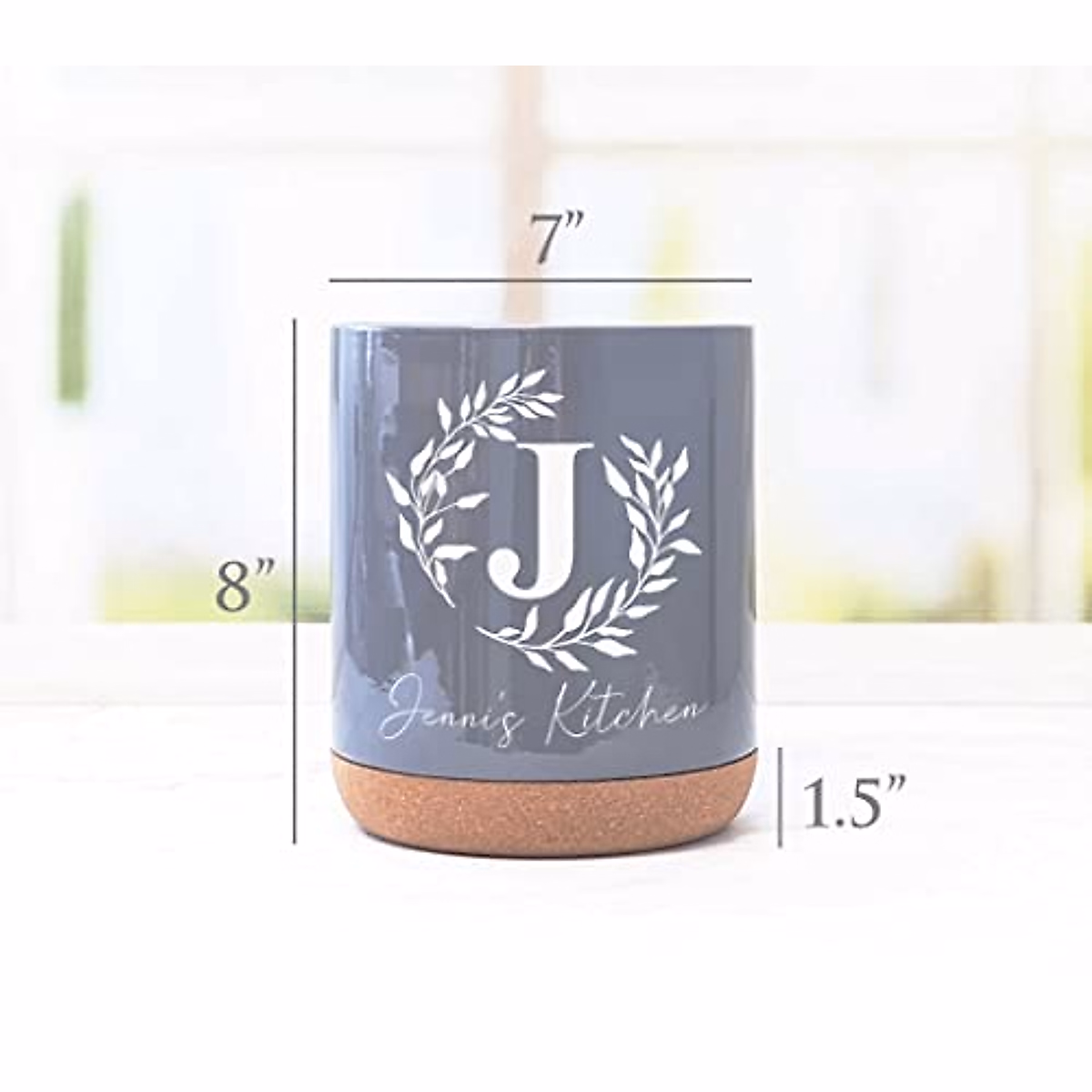 MRC Wood Products Personalized Ceramic Kitchen Utensil Holder - Engraved with Your Monogram and Custom Text (utensils not included) (Gray)