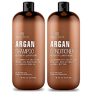 BOTANIC HEARTH Argan Oil Shampoo and Conditioner Set - with Keratin, Restorative & Moisturizing, Sulfate Free - All Hair Types & Color Treated Hair, Men and Women - (Packaging May Vary) -16 fl oz each