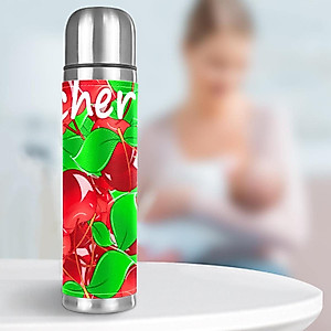 Stainless Steel Leather Vacuum Insulated Mug Cherry Thermos Water Bottle for Hot and Cold Drinks Kids Adults 16 Oz