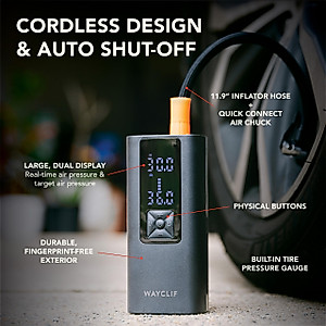 WAYCLIF 4-in-1 Tire Inflator Portable Air Compressor w/Quick Inflate Technology, Tire Pressure Gauge, Dual Screen, 150 PSI Cordless Air Pump for Cars, Bikes, Balls, Inflatable & Tire Repair Kit, Case